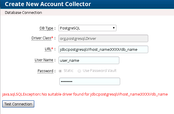 No suitable driver found when testing a PostgreSQL database collector ...