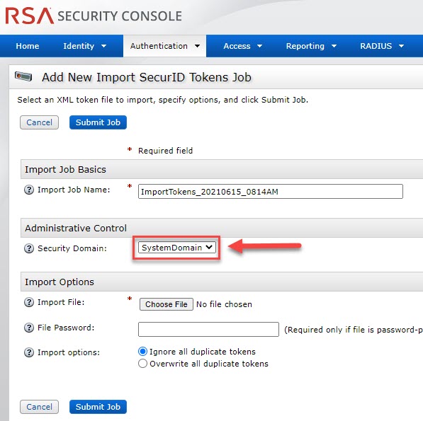 Token Import Not Showing Security Domain Dropdown In The Rsa