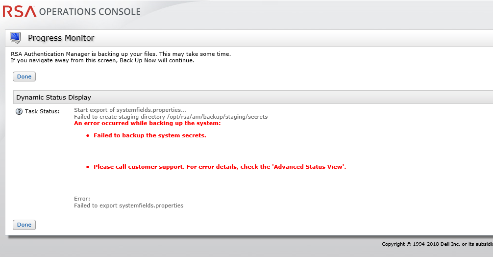 Failed To Backup The System Secrets Error While Performing Rsa