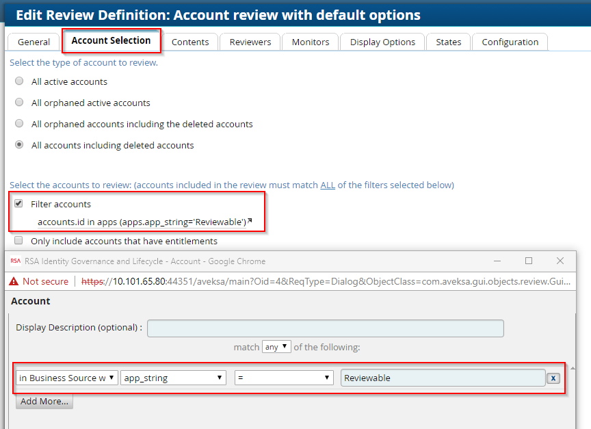 How Business Source Filtering Works In An Account Access And Ownership Review In Rsa Identity