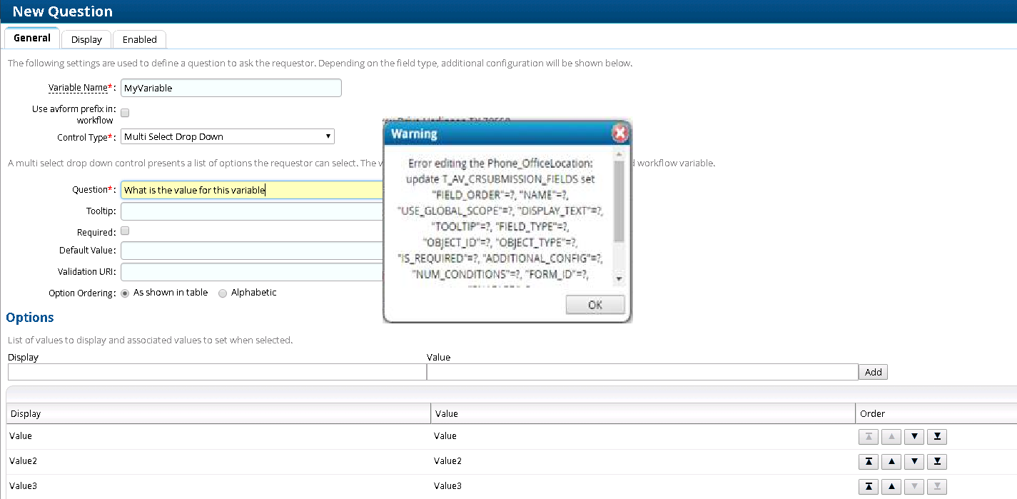 "Error editing the Location update T_AV_CRSUBMISSION_FIELDS" when defining new Form Fields in ...