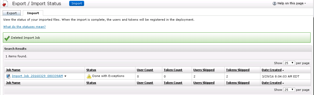 Done With Exceptions Error Occurs When Importing Users With Tokens Into