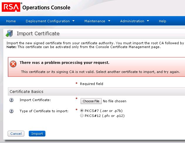 This certificate or its signing CA is not valid error when importing a ...