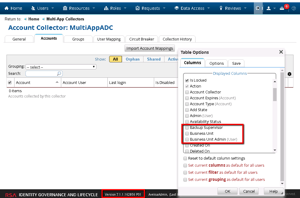 The Business Source column is missing from Table Options under the MultiApp Account Collector ...