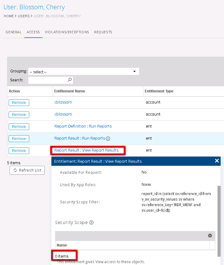 Security Scope Does Not Display Report Names Associated With Aveksa