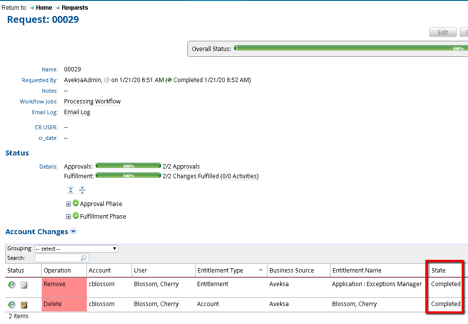 A completed change request to remove Aveksa Application/Directory entitlements from a user does ...