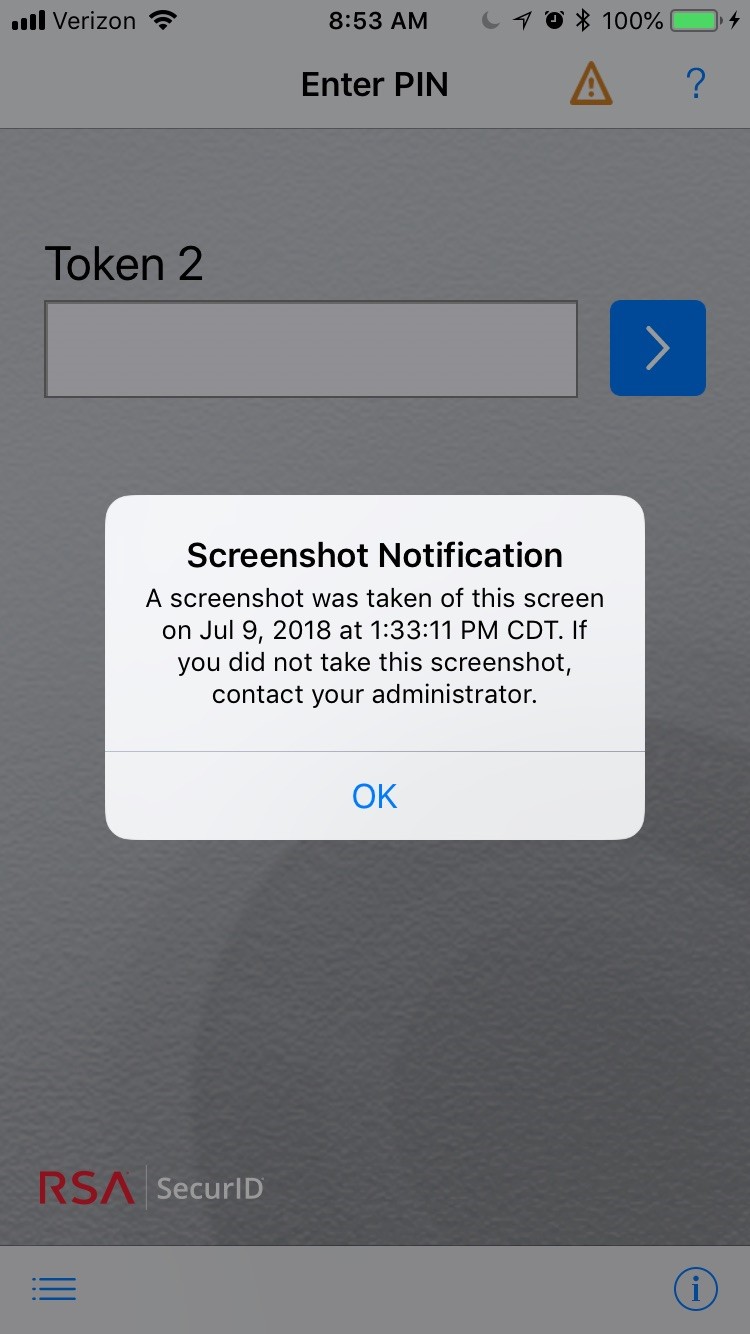 Warning message displays when taking a screenshot of the RSA SecurID ...