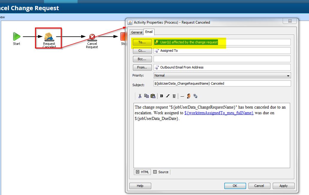 RSA, Identity Governance and Lifecycle Email notification To field is missing for Canceled ...