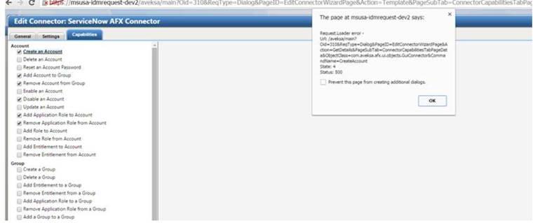 RSA Identity Governance and Lifecycle ServiceNow Connector Page error ...