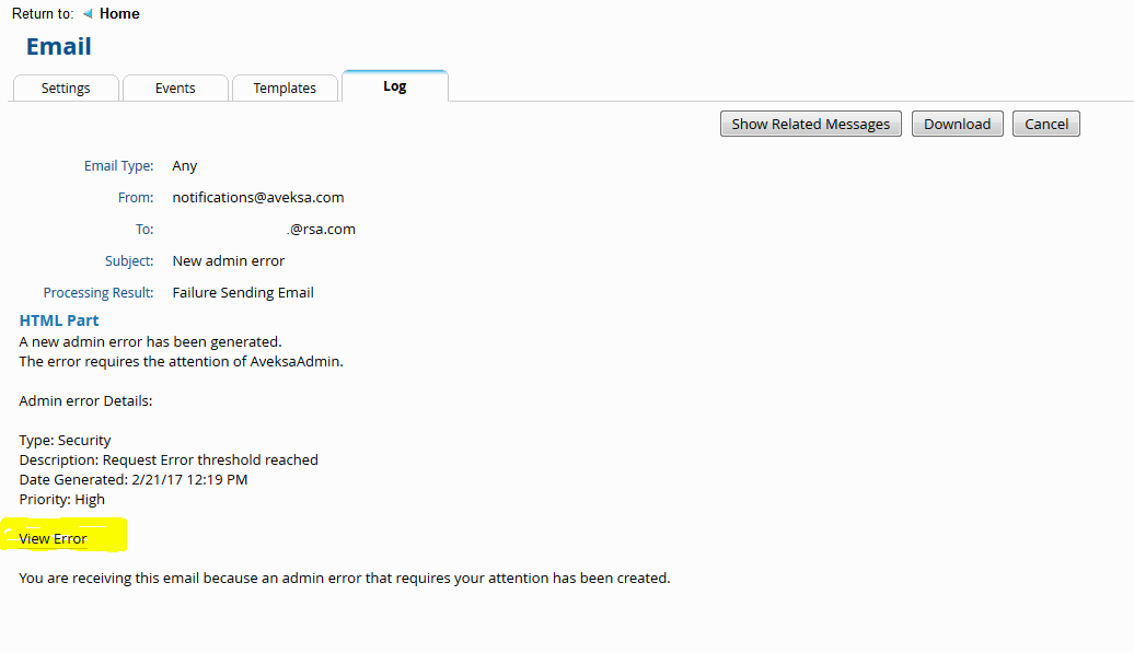 Rsa Identity Governance And Lifecycle Admin Error Email In Email Log