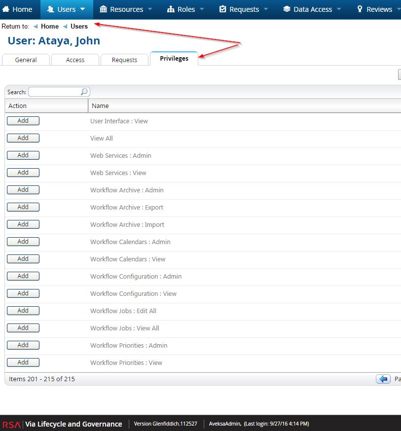 Via Landg 691 Aveksa Application Roles Privileges Tab For A User Rsa