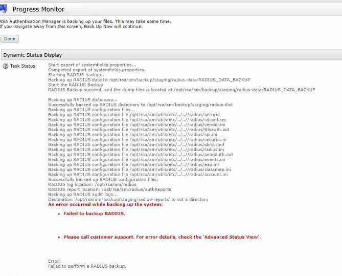 Failed To Backup Radius With Error Destination Optrsaambackup