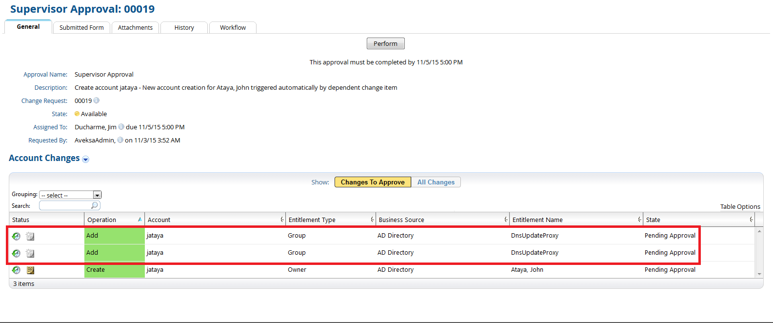 RSA Identity Management and Governance 6.9.1 P07 shows approval change items are being ...