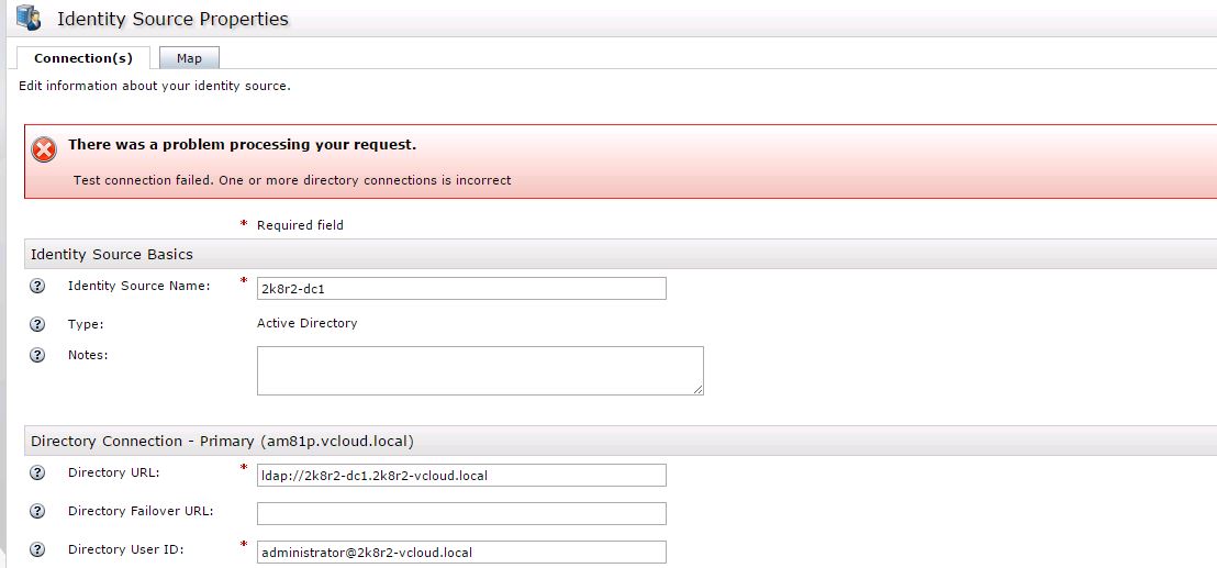 Test Connection Failed One Or More Directory Connections Is Incorrect