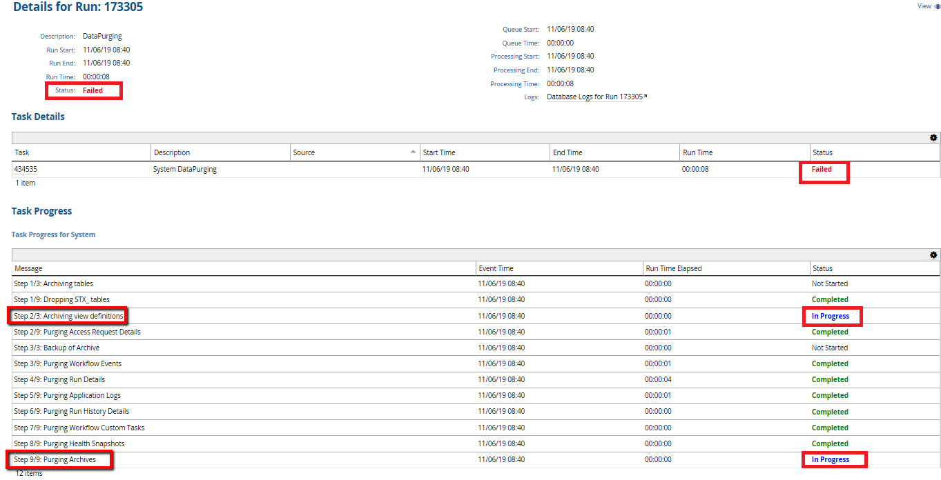 Data Purging Fails With Ora 20001 No Jobs Were Found To Delete In