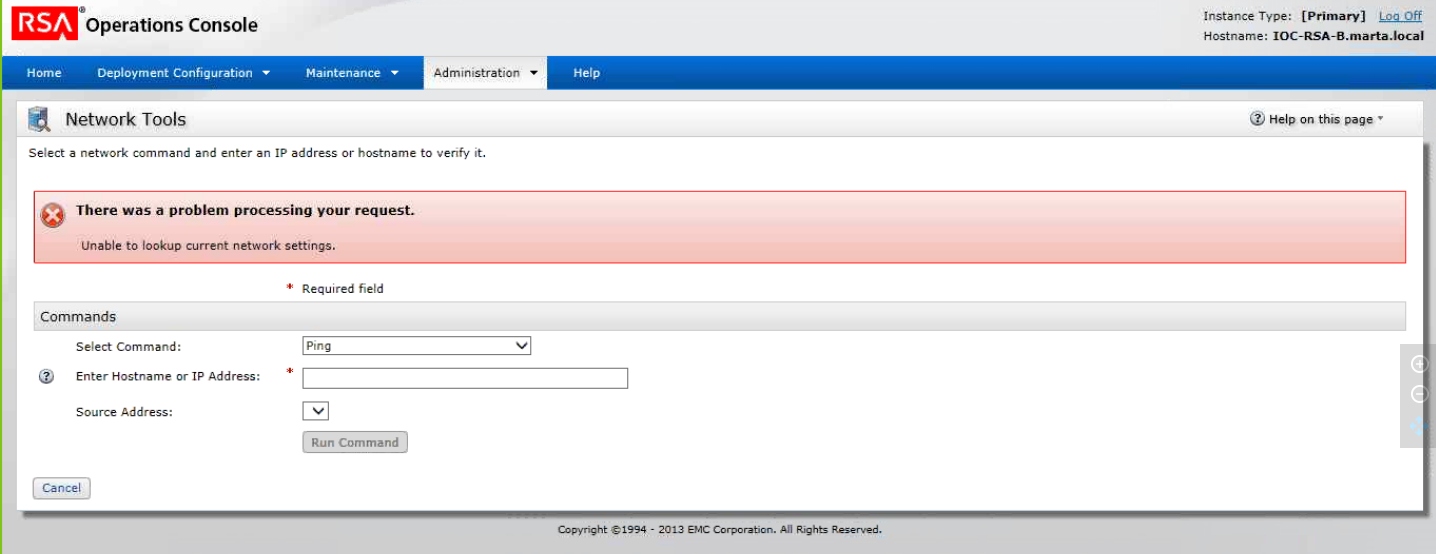 Appliance Network Settings Showing System Internal Error In The Rsa