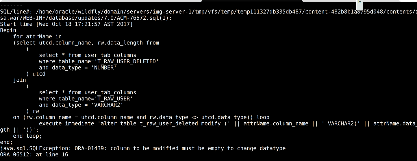 Application fails to start with 'ORA-01439: column to be modified must be empty to change ...