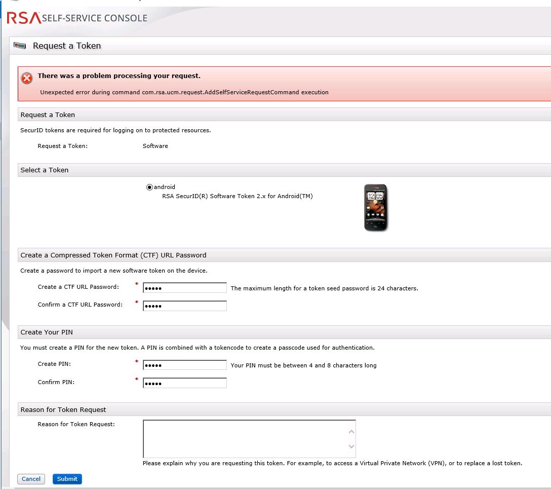 Unexpected error during command com.rsa.ucm.request.AddSelfServiceRequestCommand execution when ...