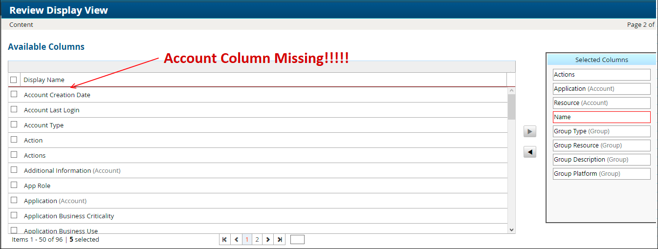 Account Column Missing Under Available Columns In Review Display View