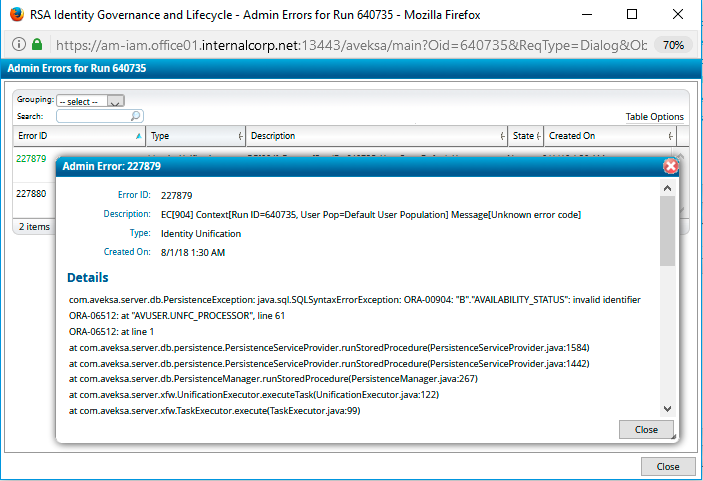 Unification Failing With Ora 00904 Bavailabilitystatus Invalid