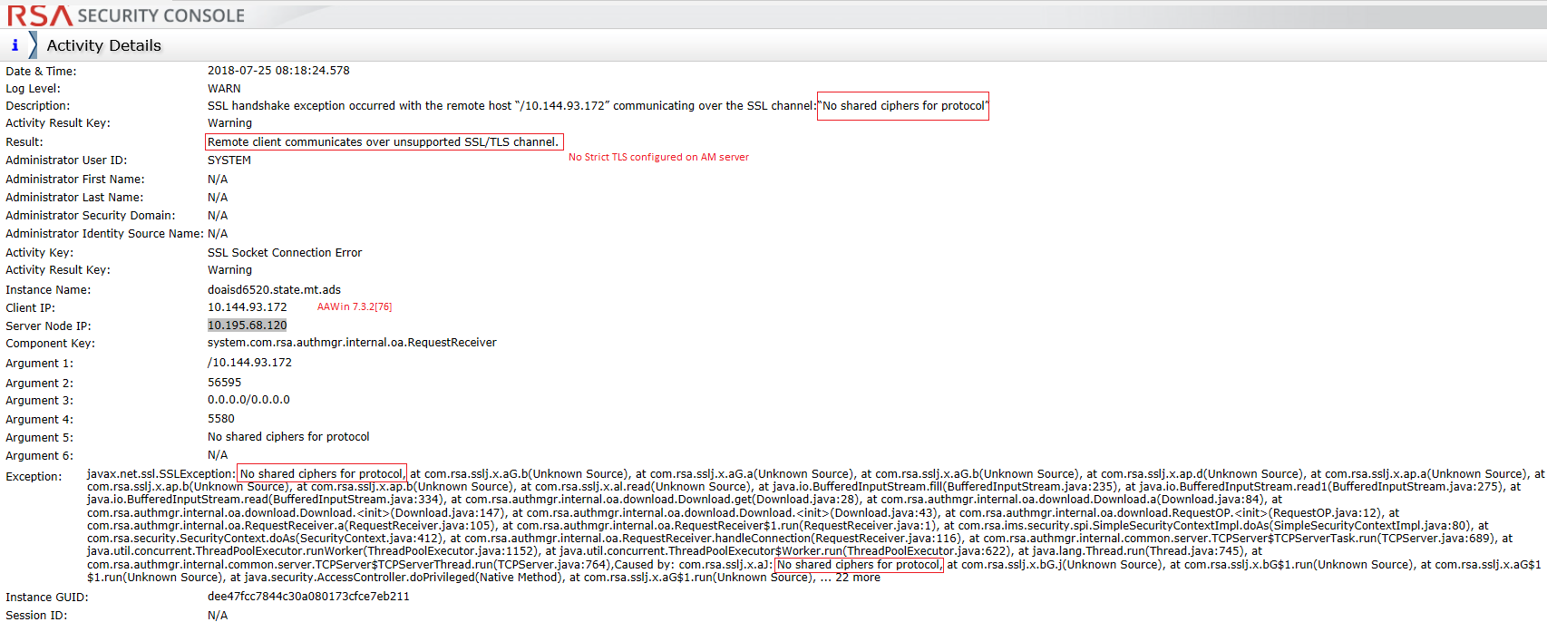 Real time system log monitor shows error handling OA request: No shared ciphers for protocol ...