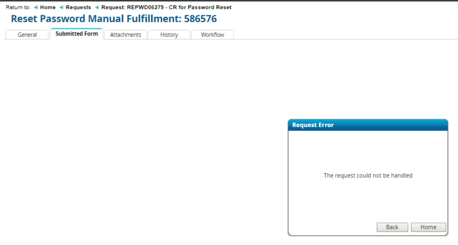 Request Could Not Be Handled Error Seen When Clicking On Submitted