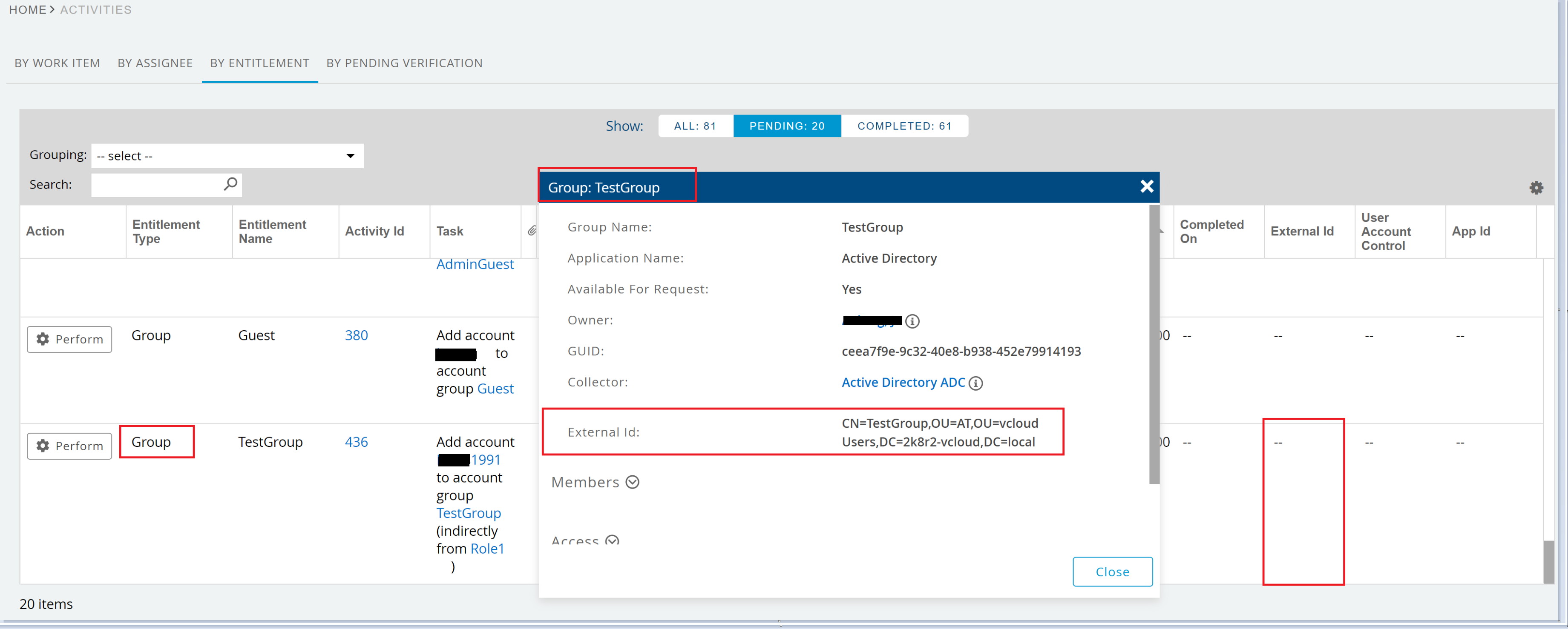 Under Request Activities Entitlement Tab Account Or Group Attribute