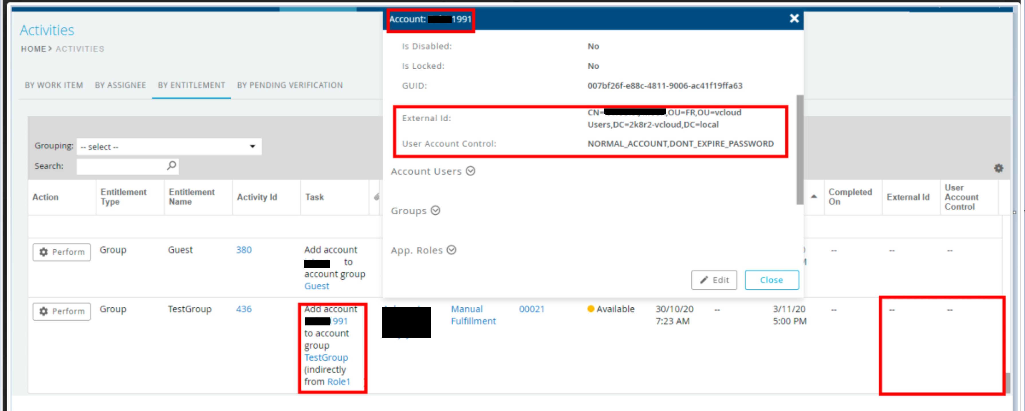 Under Request Activities Entitlement Tab Account Or Group Attribute