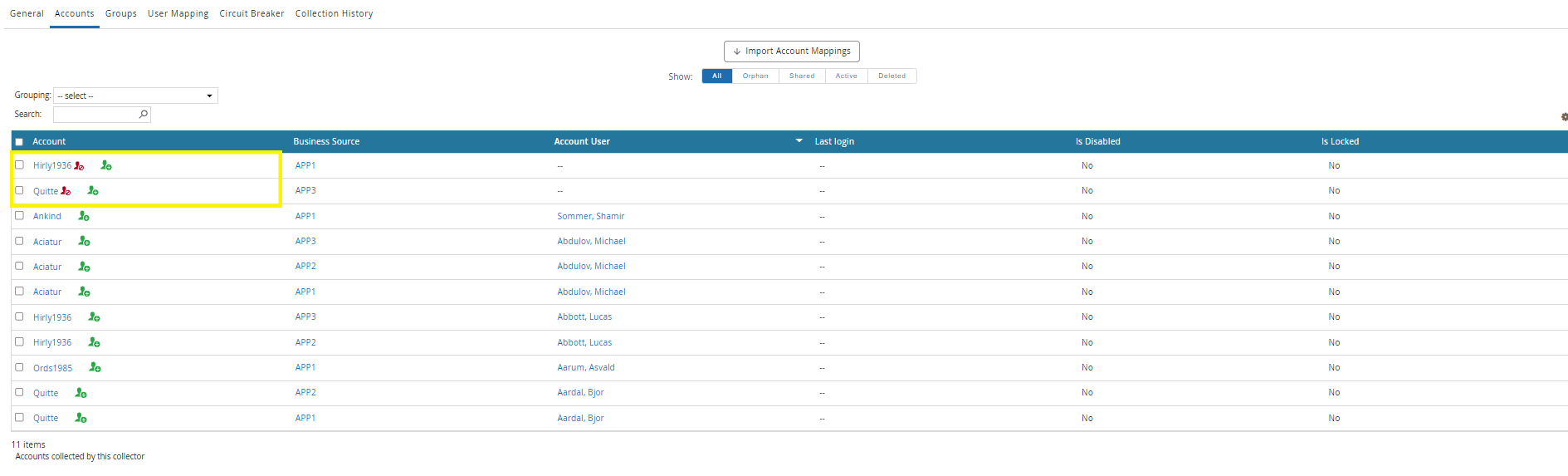 Manually Unmapped Accounts Are Not Rejected In The Collection And
