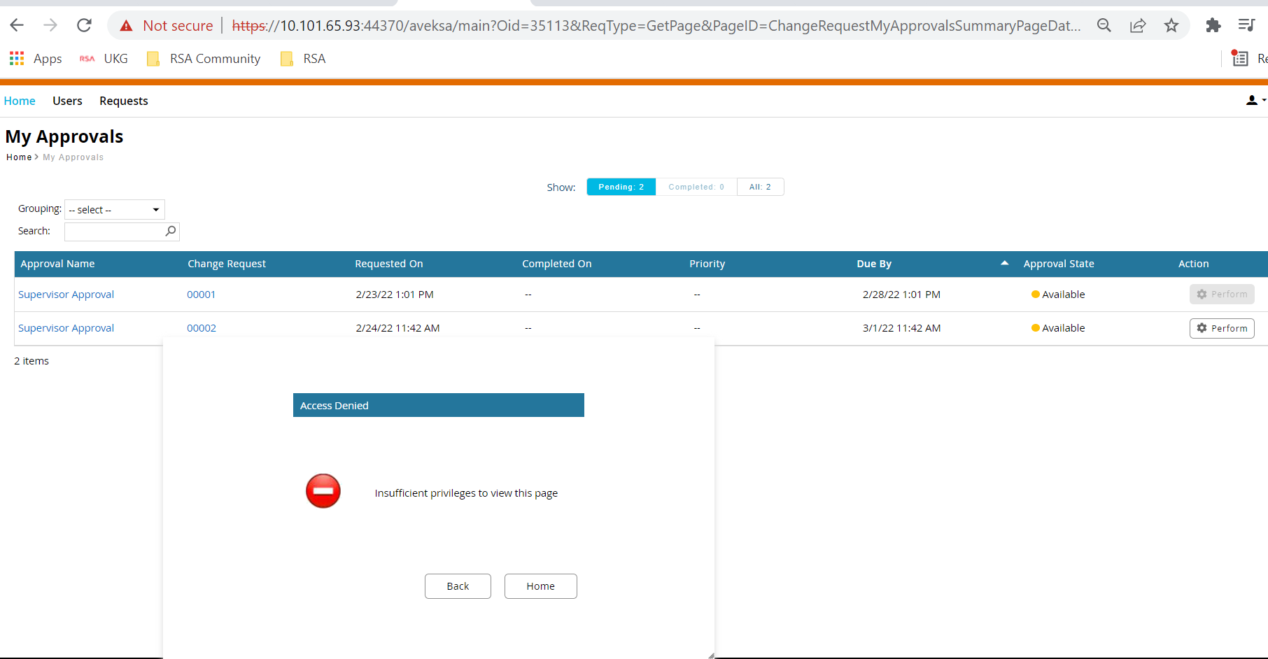 "Insufficient privileges to view change request" when approver click on the change request ...