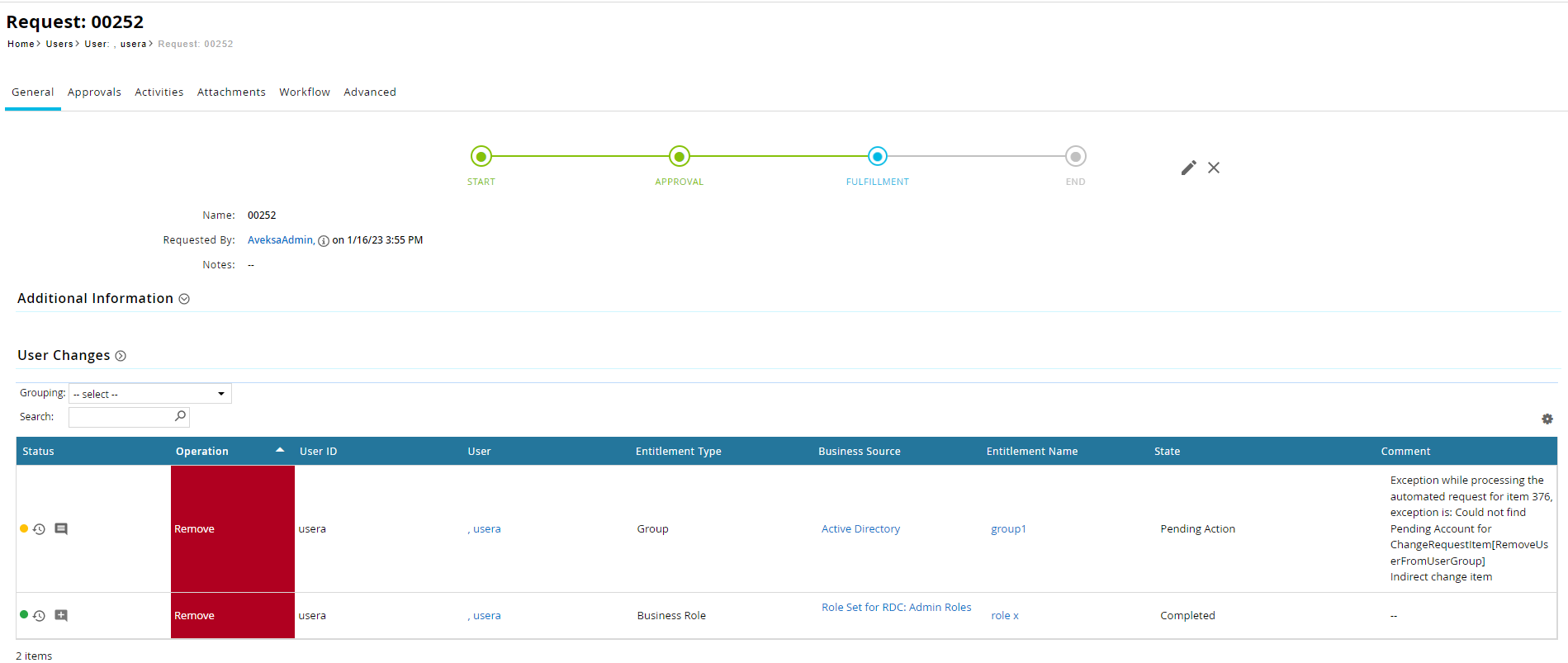 A change request to remove role access from a user tries to remove AD group (indirect access ...