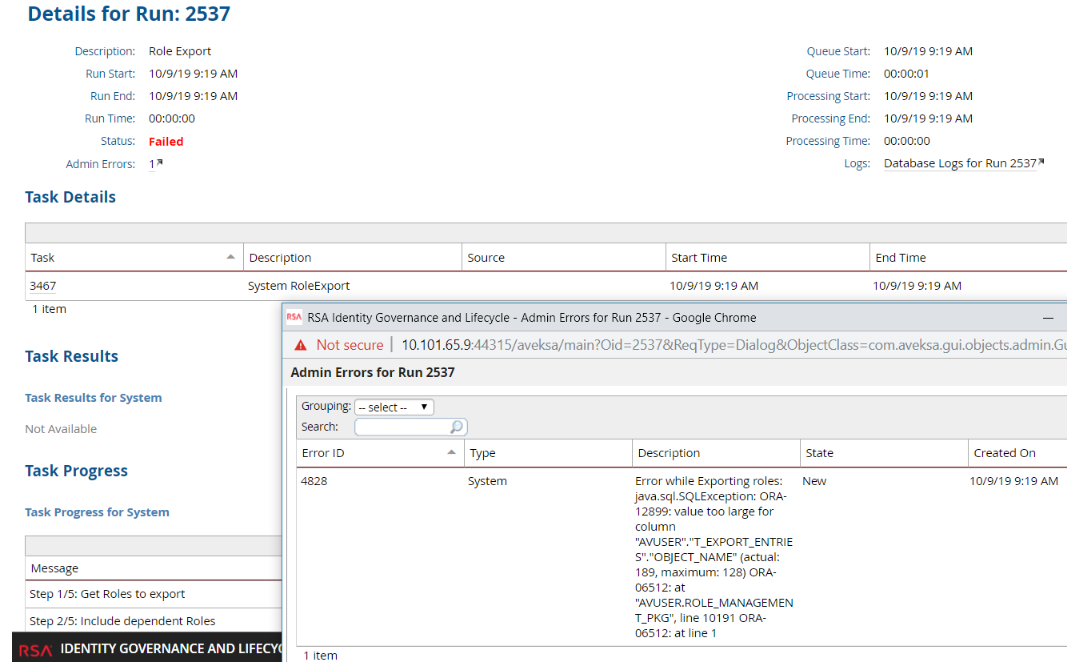 'ORA-12899: value too large for column "AVUSER"."T_EXPORT_ENTRIES"."OBJECT_NAME" (actual: XXX ...