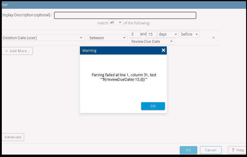 In RSA Identity Governance & Lifecycle While attempting to create/modify review definition, when ...