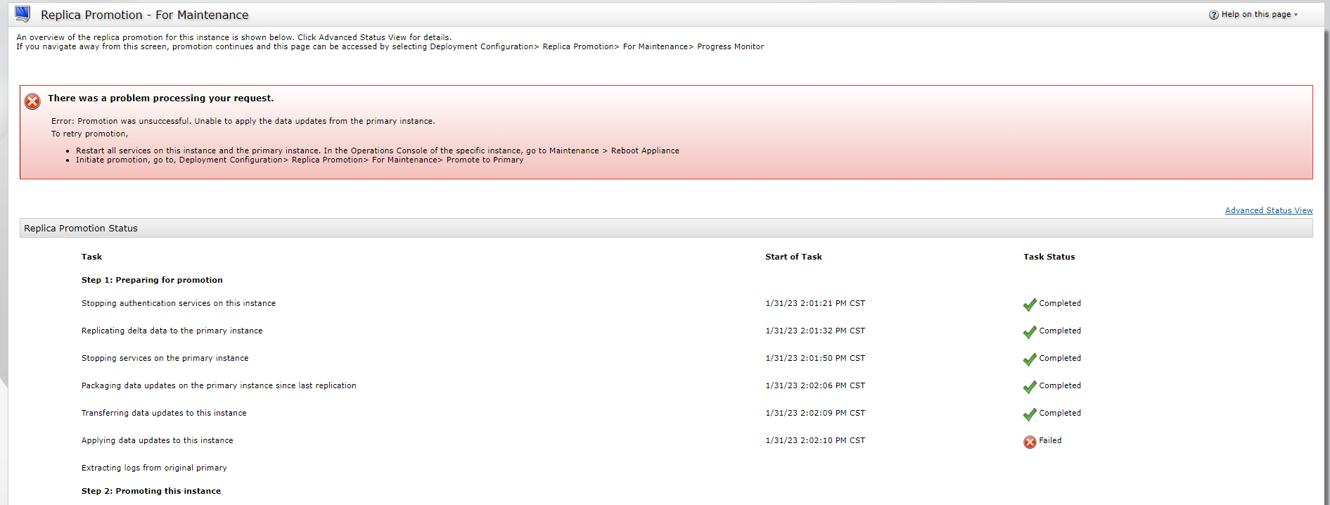 Replica promotion for maintenance fails with applying data from the ...