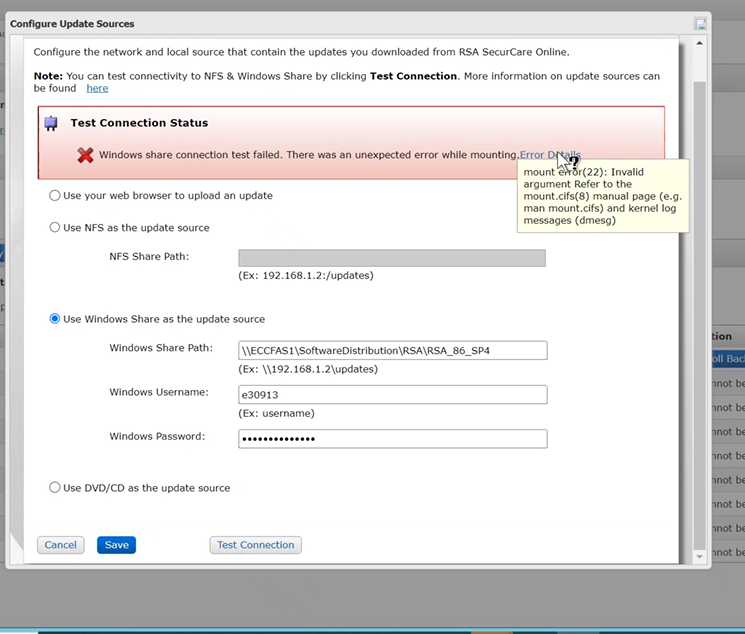 Failed to use Windows shared folder for upgrade | RSA Community