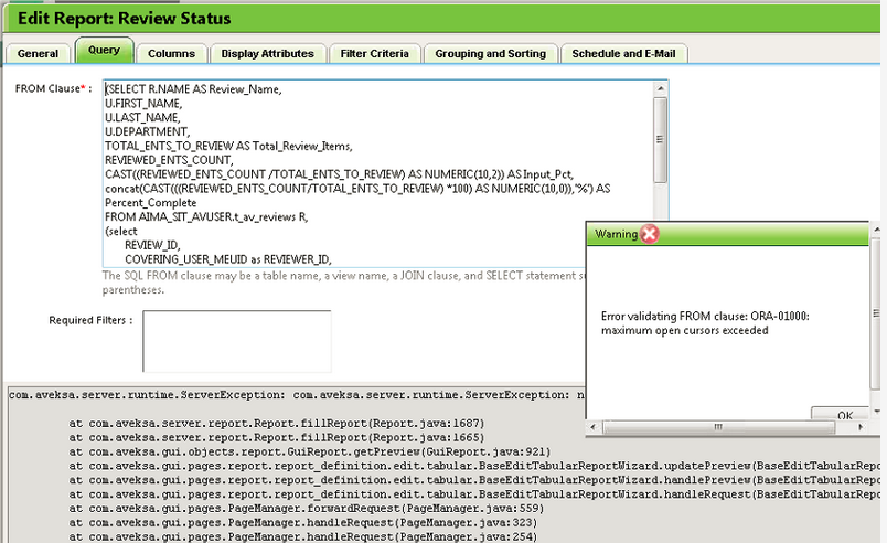 'ORA--01000: maximum open cursors exceeded' error when running, viewing or editing Reports in ...