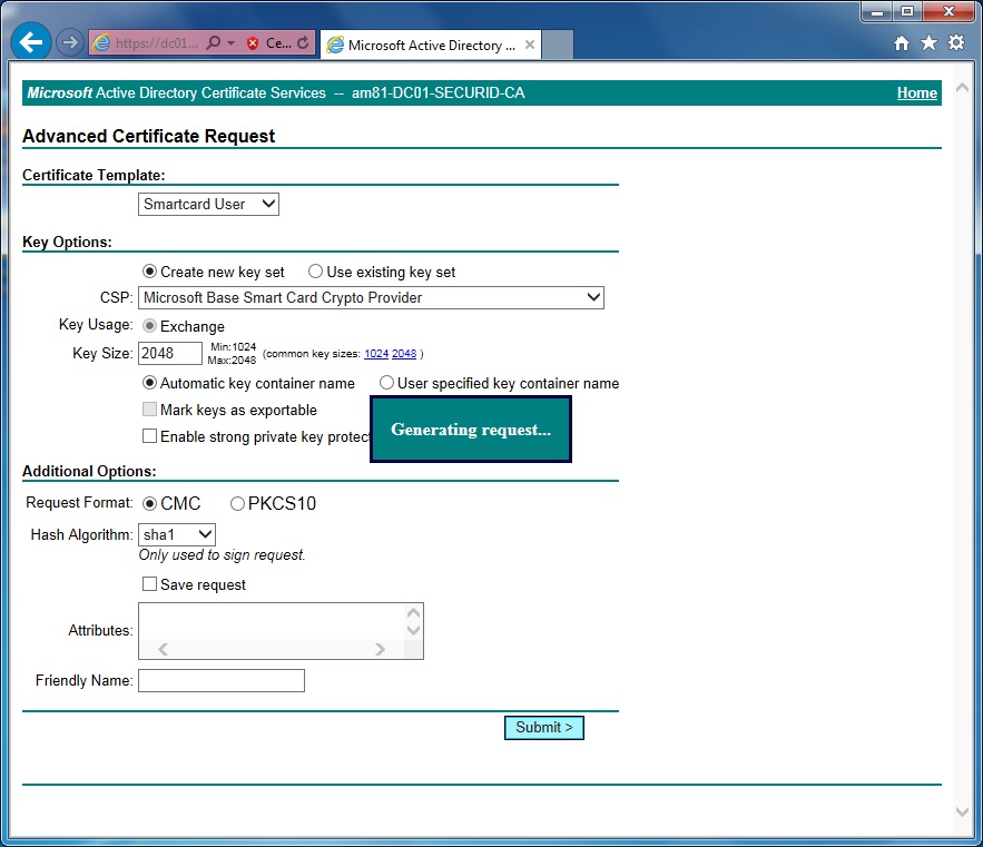 Storing a certificate for smart card logon on an RSA SecurID SID800 ...