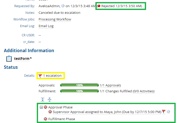 Change Requests cancelled by Escalation Workflows progress to Fulfillment instead of getting ...
