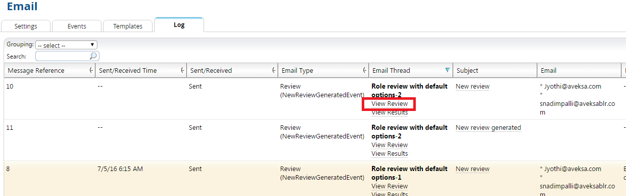 View Results Link For Role Review Emails In The Email Log Return