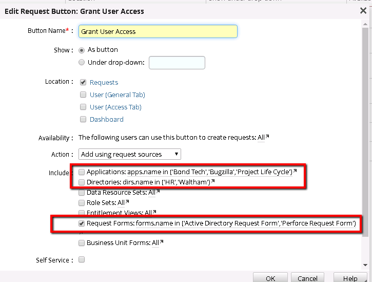How to define a Request Button in RSA Identity Governance & Lifecycle to allow single or ...