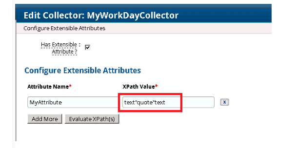 The WorkDay Collector Configure Extensible Attributes Xpath Value text ...