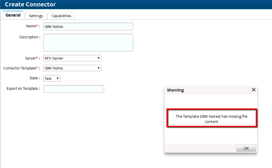 The Template Connector Template Name Has Missing File Content Error When Creating Afx