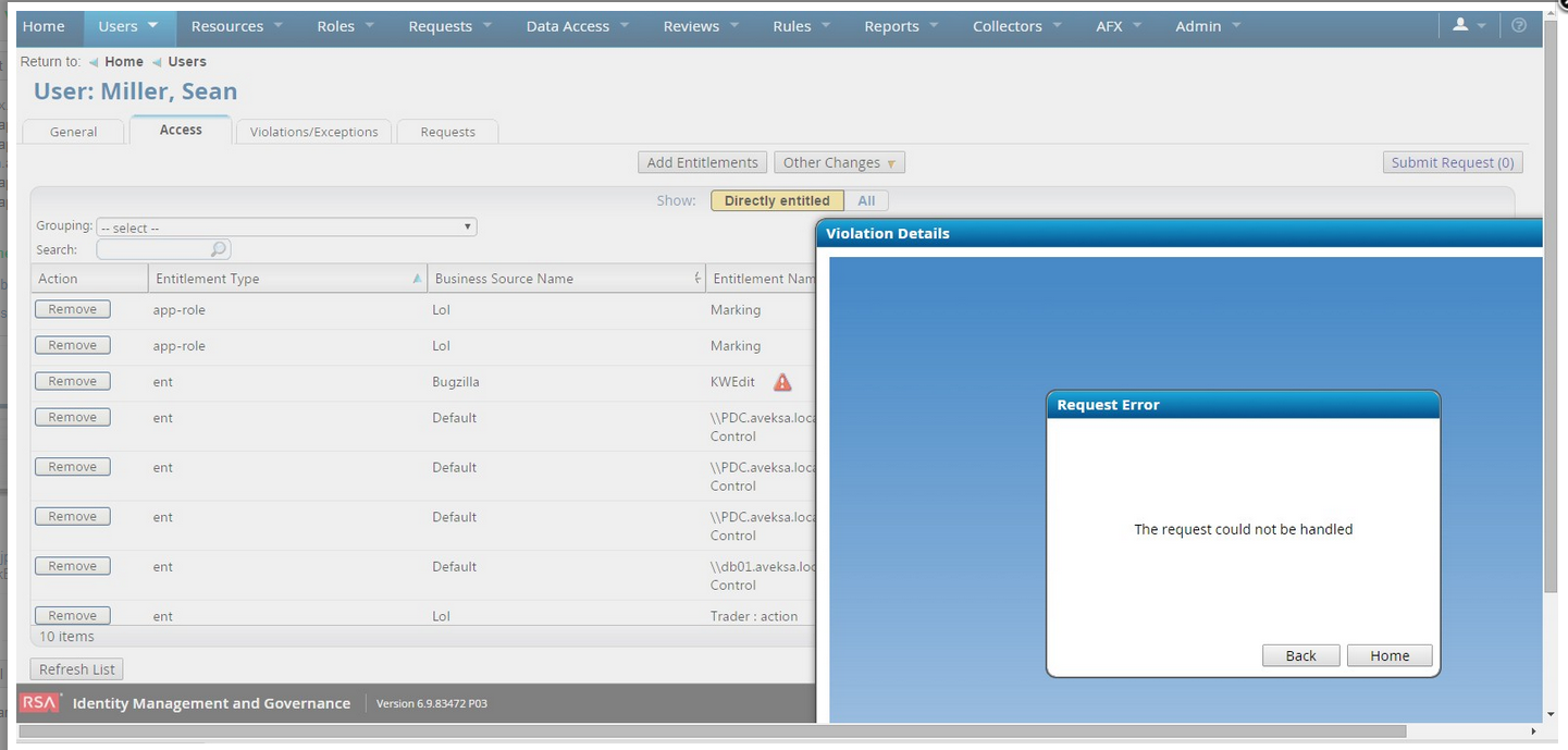 Violation Dialog In Rsa Via Lifecycle And Governance Shows The Error