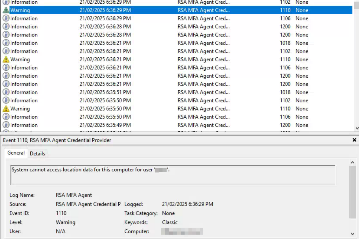 Rsa Mfa Agent For Windows Logs A Warning That System Cannot Access Location Data For This
