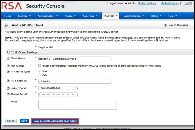 Omnissa Horizon 8 Connection Server - RADIUS with Authentication Manager - RSA Ready Access ...