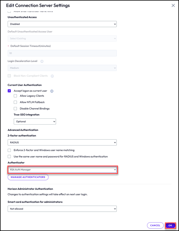 Omnissa Horizon 8 Connection Server - RADIUS with Authentication Manager - RSA Ready Access ...