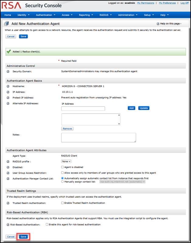 Omnissa Horizon 8 Connection Server - RADIUS with Authentication Manager - RSA Ready Access ...